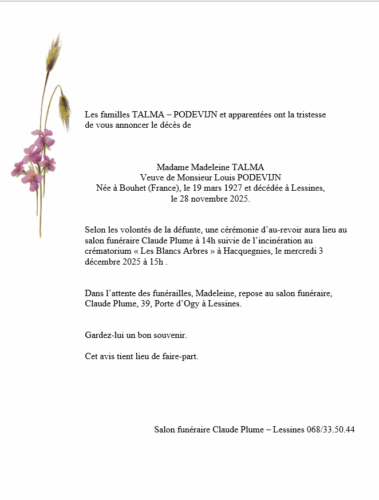 Faire-part site de Mme Talma – Funérailles Plume